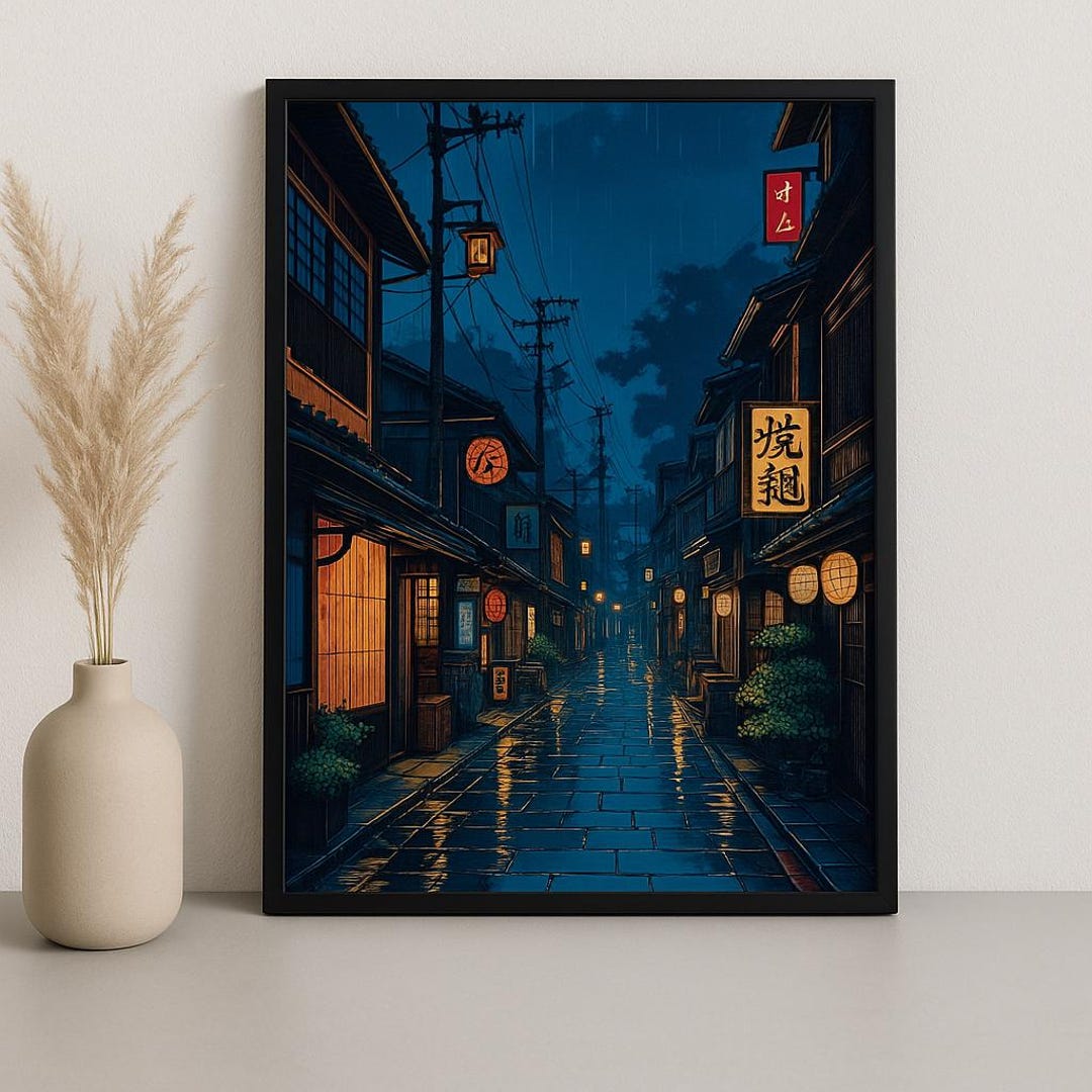 Rainy Kyoto Street Scene Print: Japanese Cityscape, Lantern Glow ...