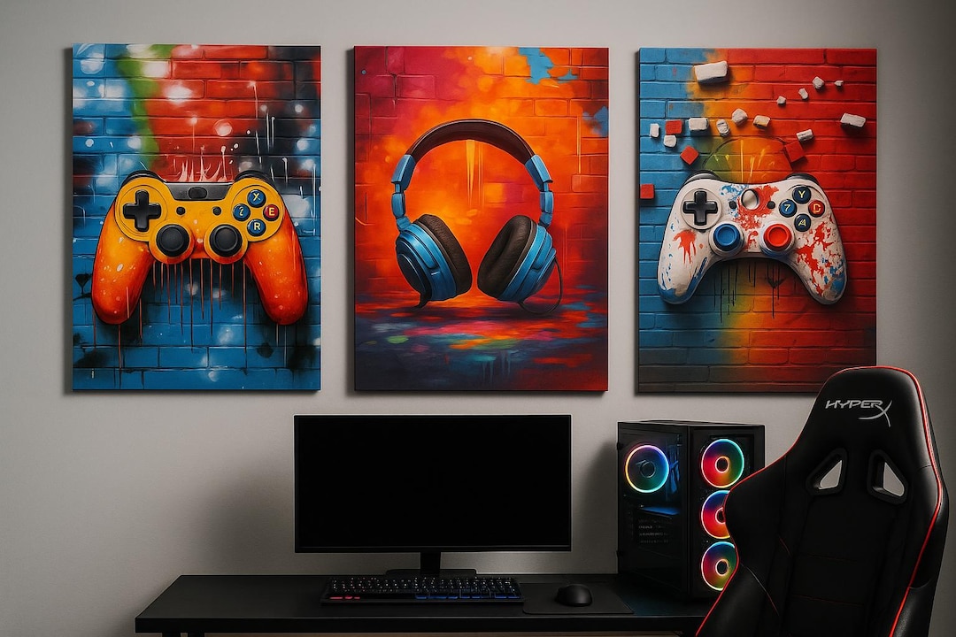 Graffiti Gamer Wall Art Set: Urban Controller & Headphones Prints ...