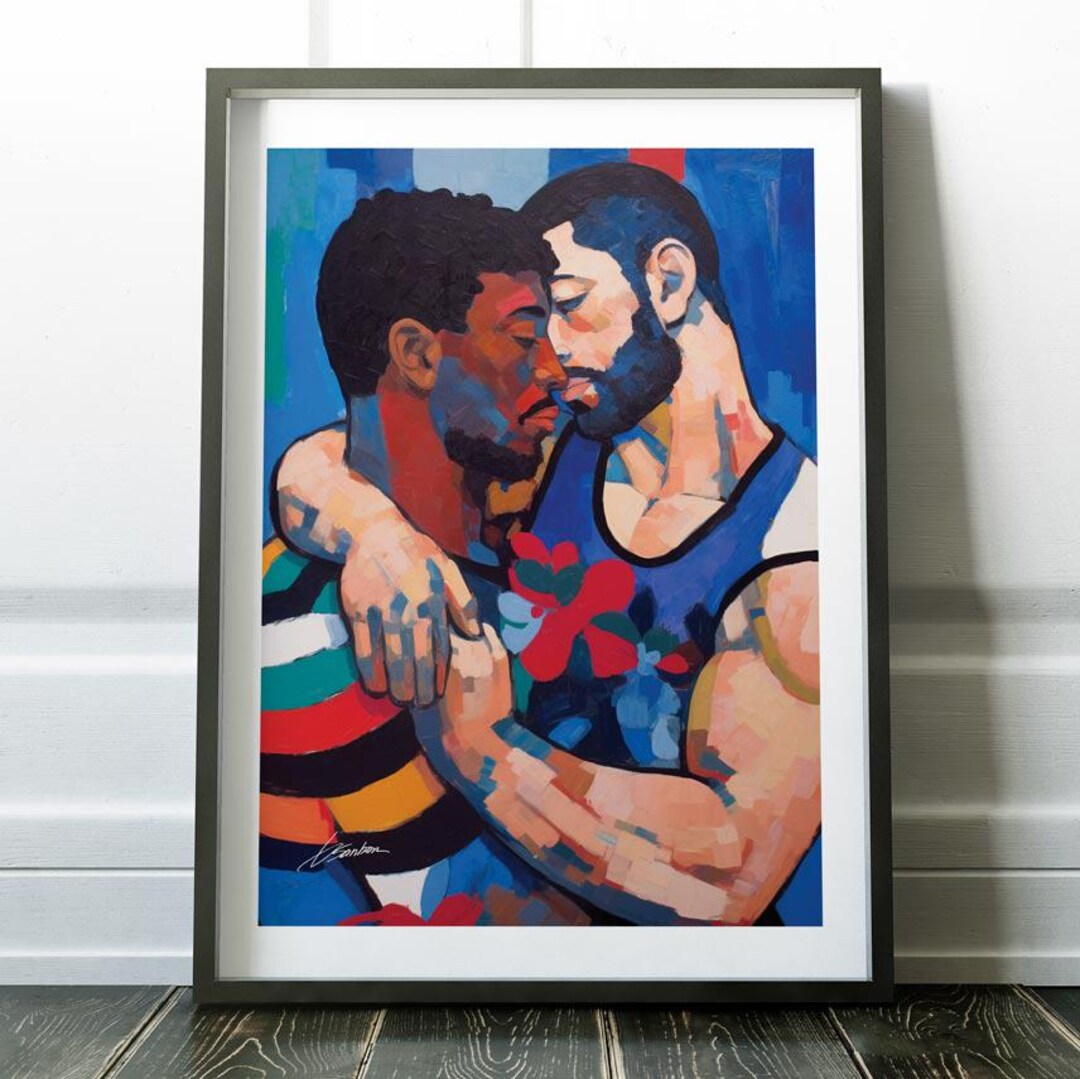 Gay Couple Embrace Art Print Colorful Lgbtq Love Erotic Giclée Etsy