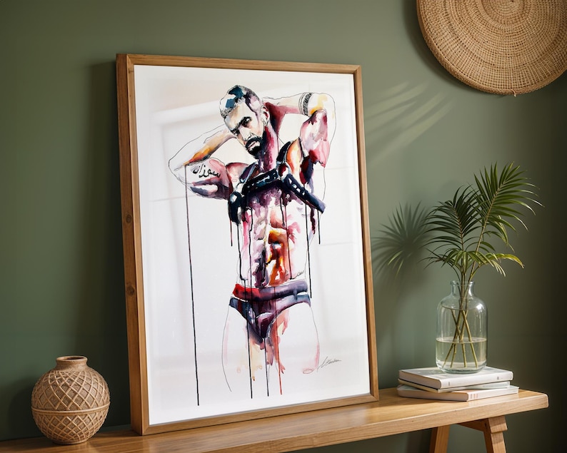 Male Figure In Leather Harness Art Print Gay Art Print Queer Erotic