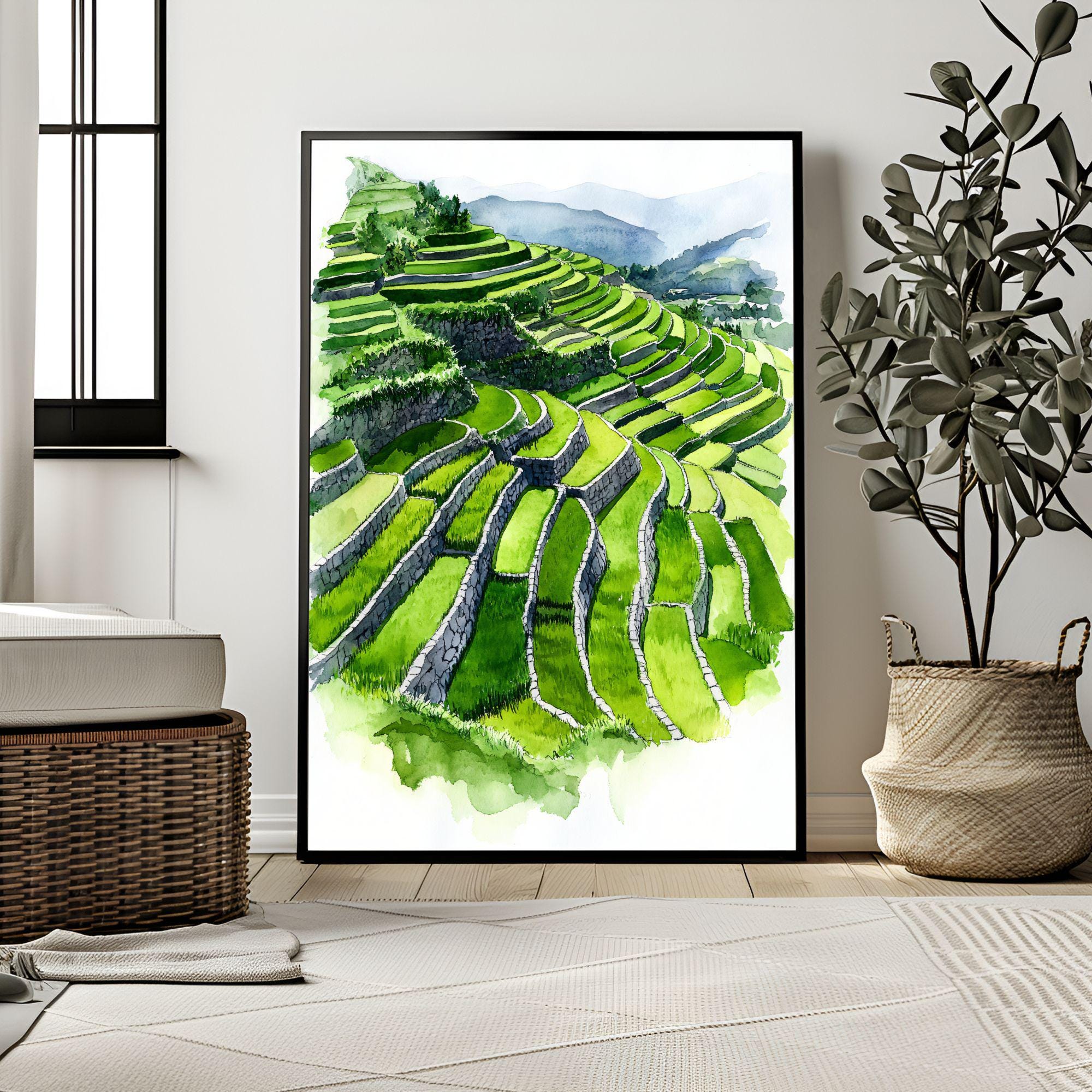 Watercolor Painting Depicts a Picturesque Landscape Featuring Terraced ...