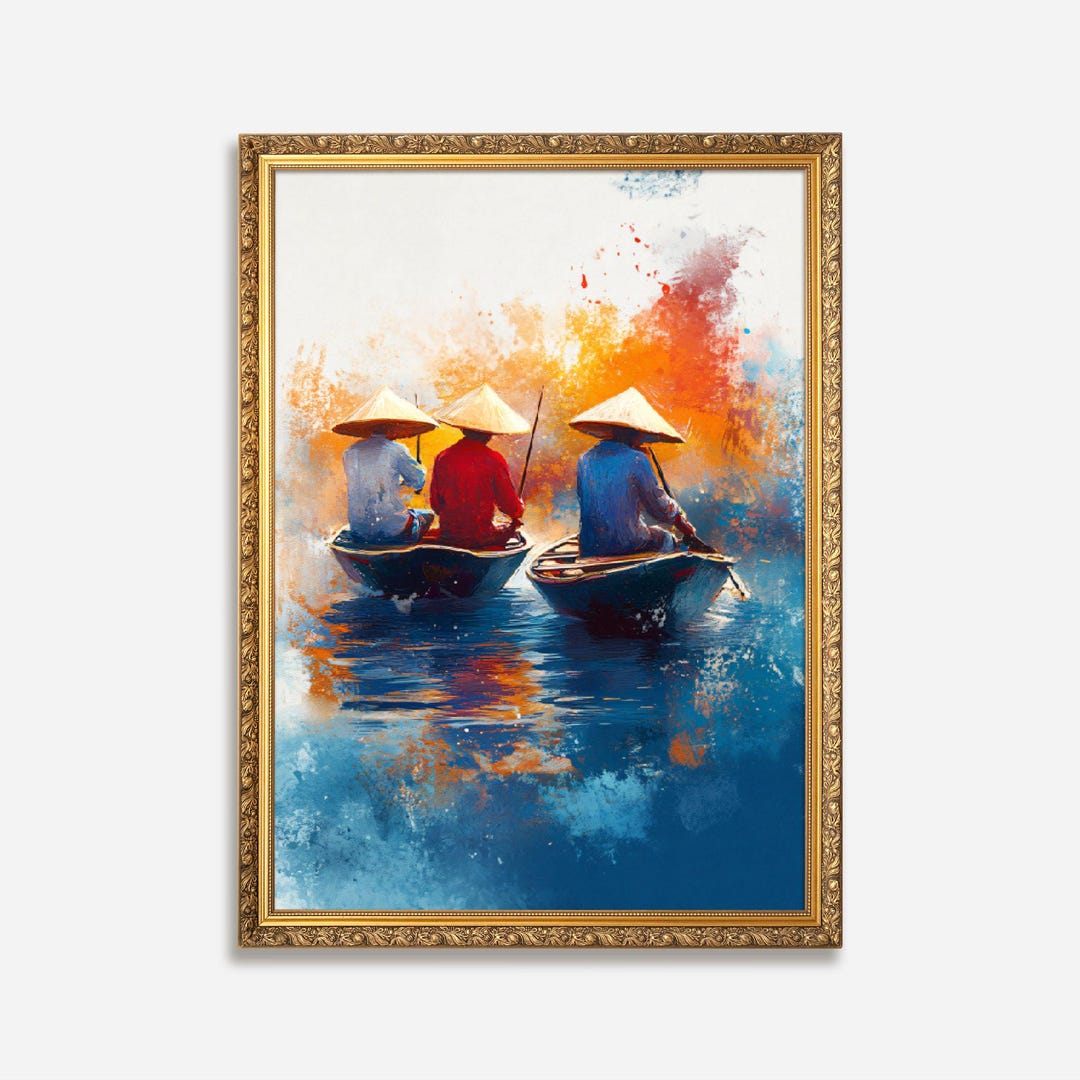 Scene of Three People in Traditional Conical Hats, Peacefully Paddling ...