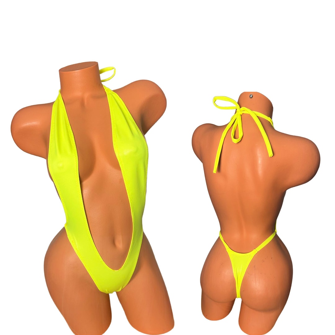 One Piece Thong Slingshot Neon Yellow Sling Bikini Monokini Wet Look Plus Size Xs Xl Etsy