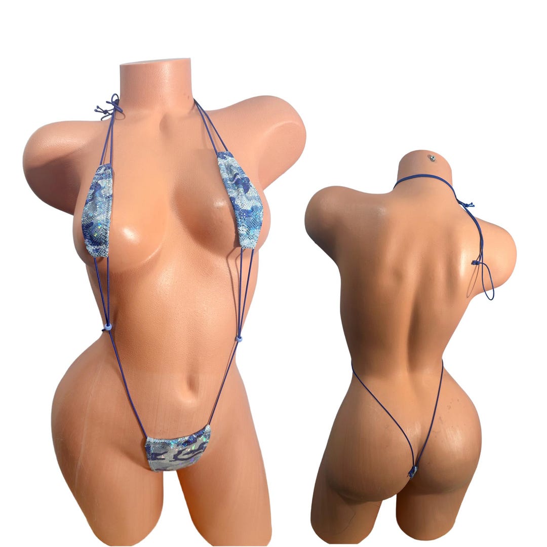 Micro Slingshot Bikini Metallic Blue Tiny Micro Bikini Exotic Dance Wear Camouflage Triangle ...