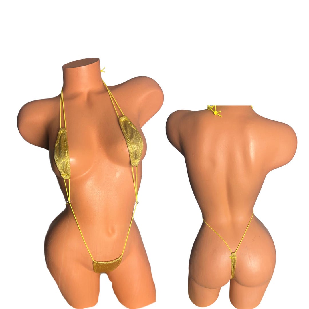 Micro Slingshot Bikini Metallic Gold Foil Tiny Micro Bikini Exotic Dance Wear Sling Bikini ...