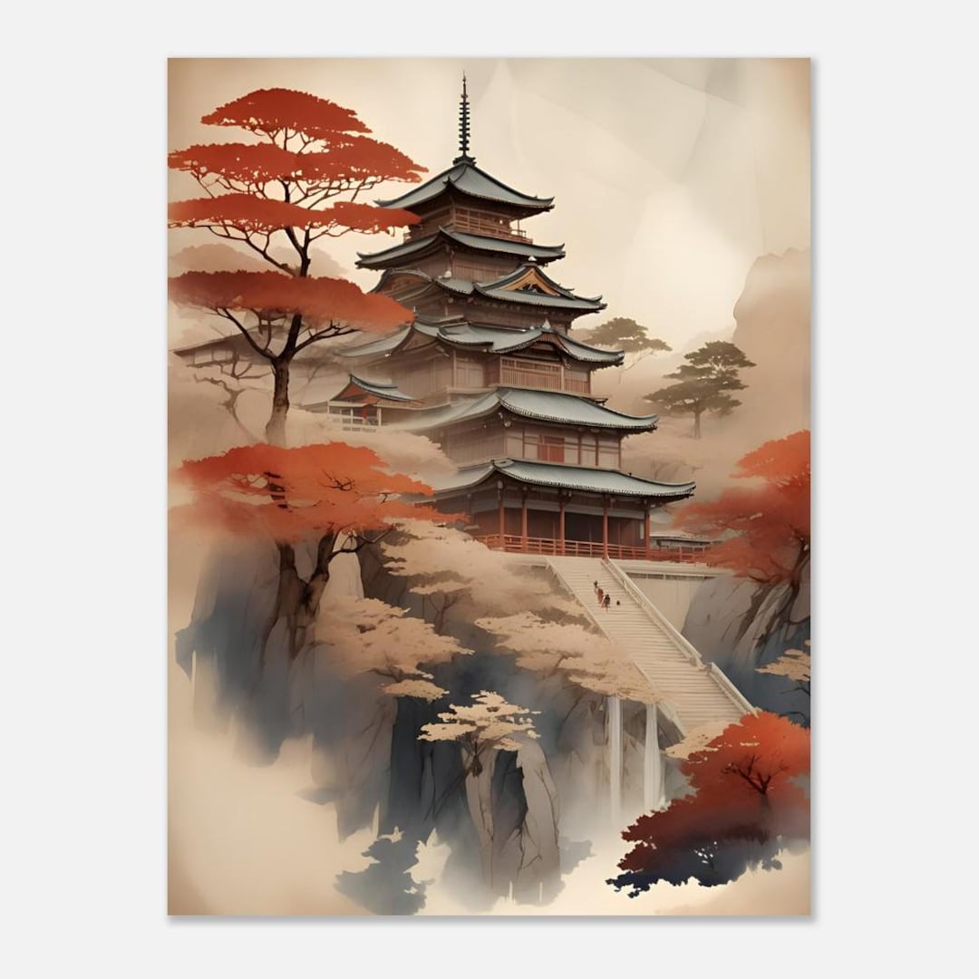 Japanese Temple Poster/wall Art | Old Paper Look - Etsy