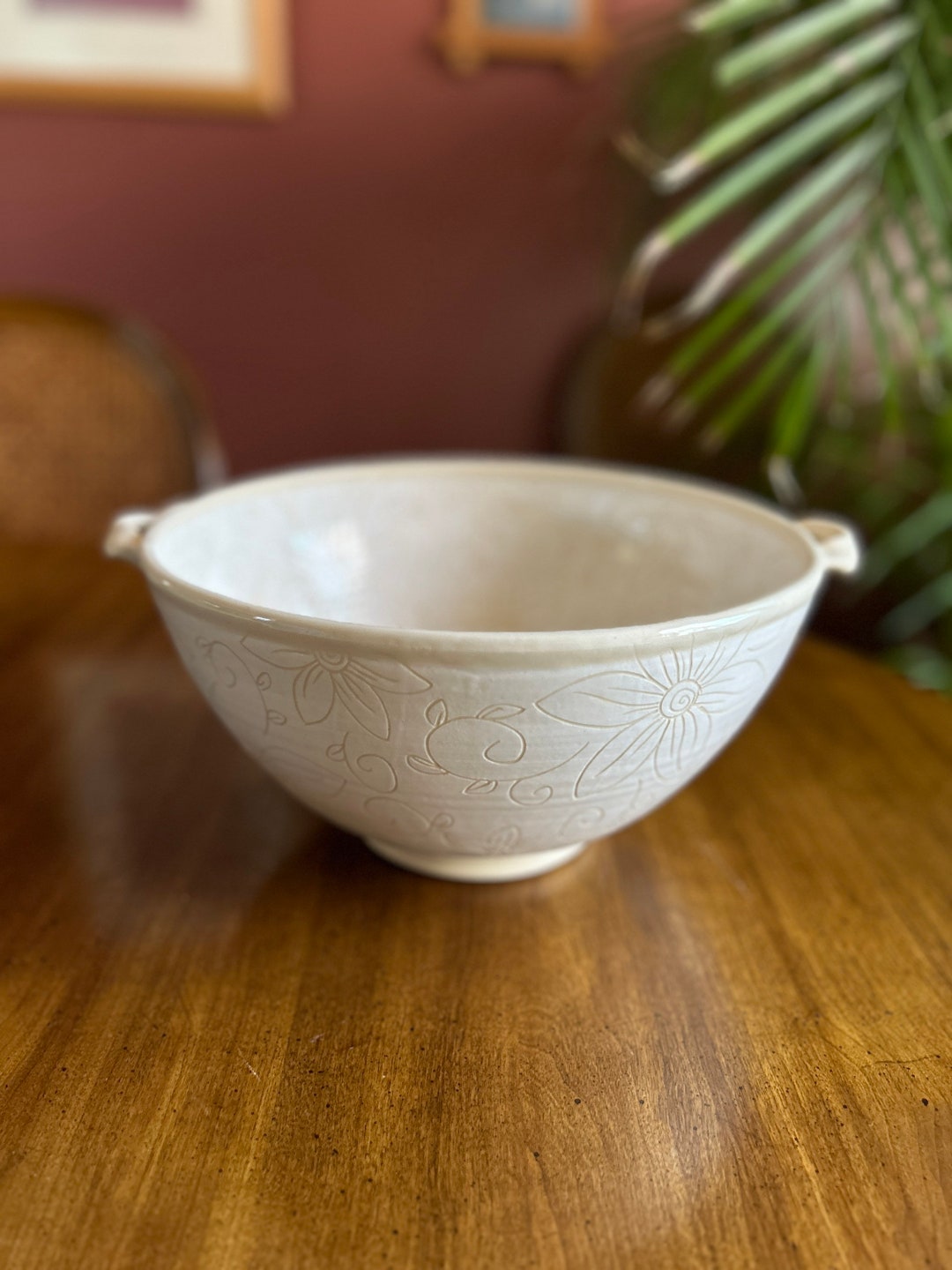Large White Floral Serving Bowl With Handles - Etsy