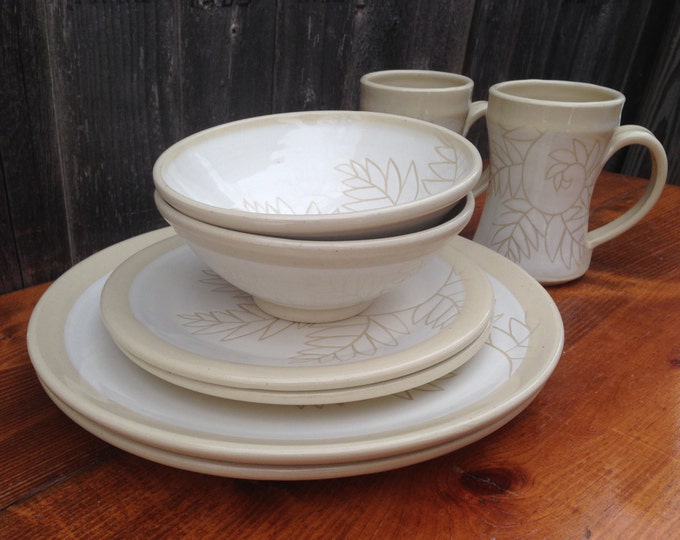 White Fern Pottery Dinnerware Sets for 2 People / 8 Piece Handmade ...