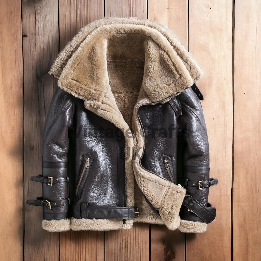 Handmade Women's Aviator RAF Bomber Flying Leather Jacket Double Collar Shearling Coat, Brown B3 ...