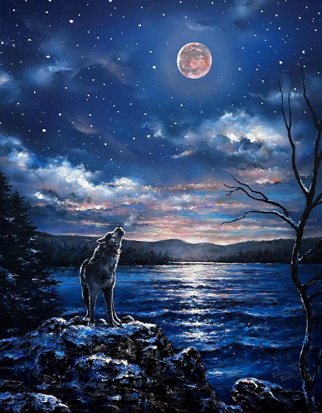 Original Wolf Painting on Rock Ledge in Midnight Blue With a Strawberry ...