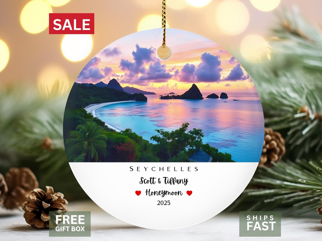 Seychelles Ornament, Beach Christmas Decoration, Custom Honeymoon or Wedding Gift 2025, Tropical ...