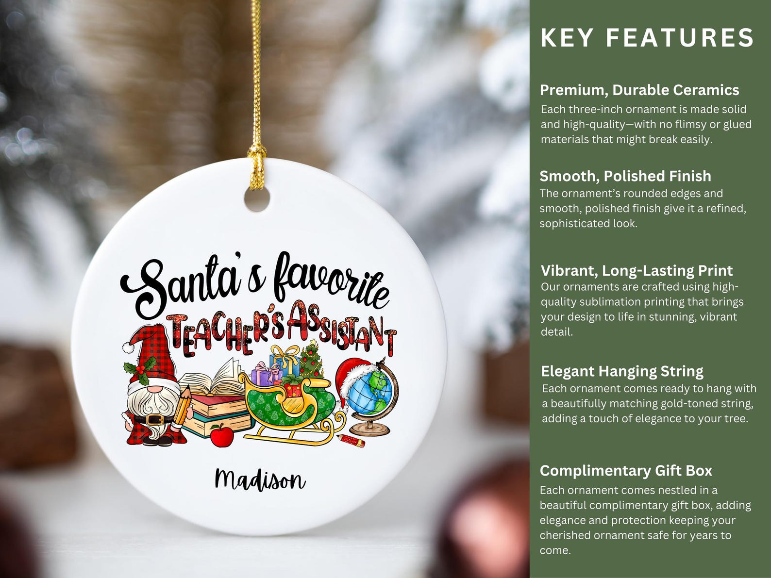 Teacher Assistant Ornament - Custom Name Holiday Gift - Santa's ...