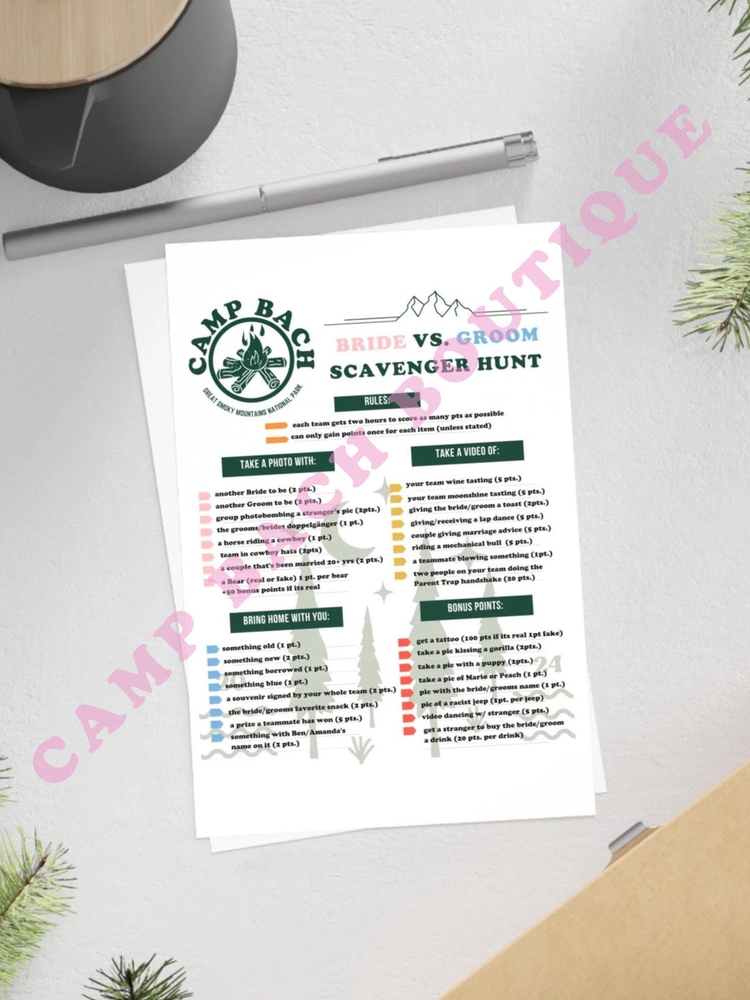 Camp Bach Scavenger Hunt, Bride Vs Groom, Camp-themed Bachelorette ...