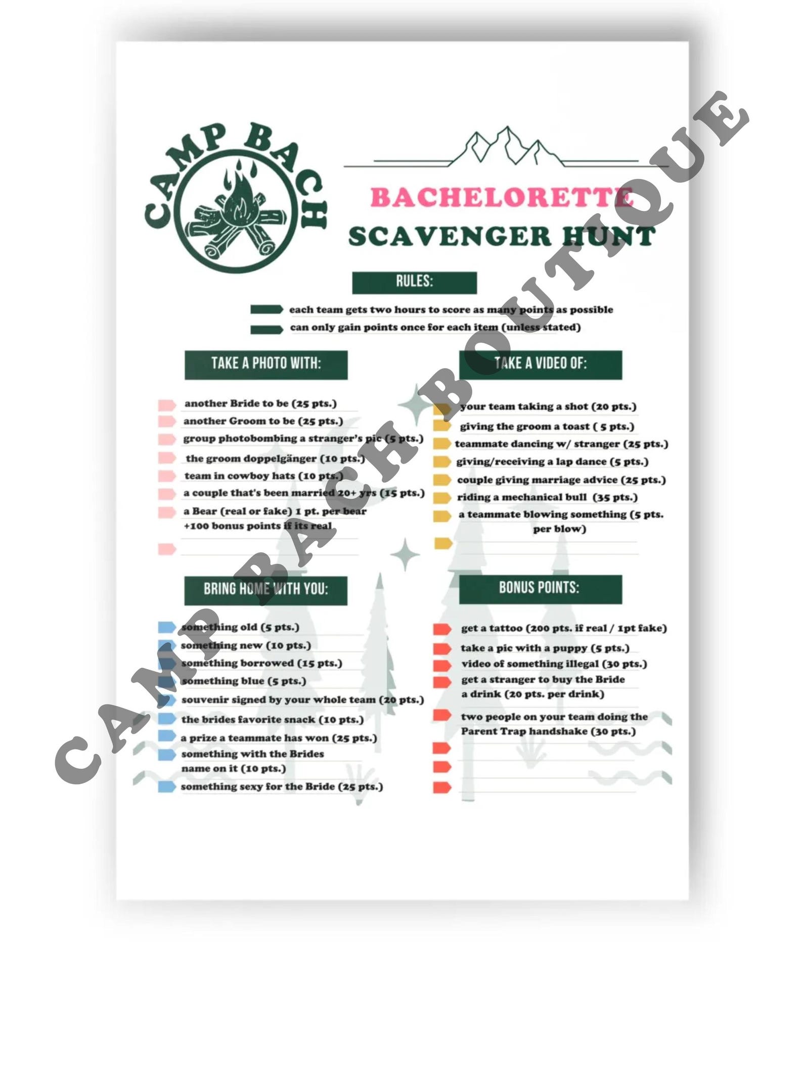 Camp Bach Scavenger Hunt, Bachelorette Version, Camp-themed Bridal ...