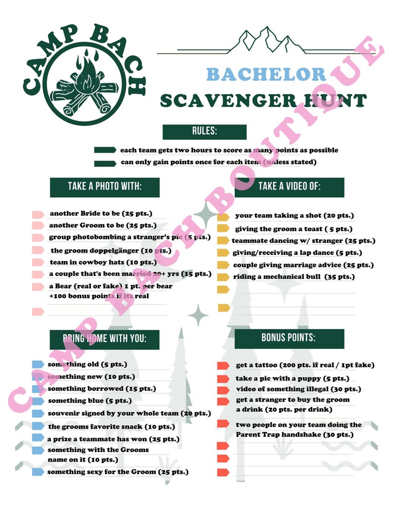 Camp Bach Scavenger Hunt, Bachelor Version, Camp-themed Grooms Party ...