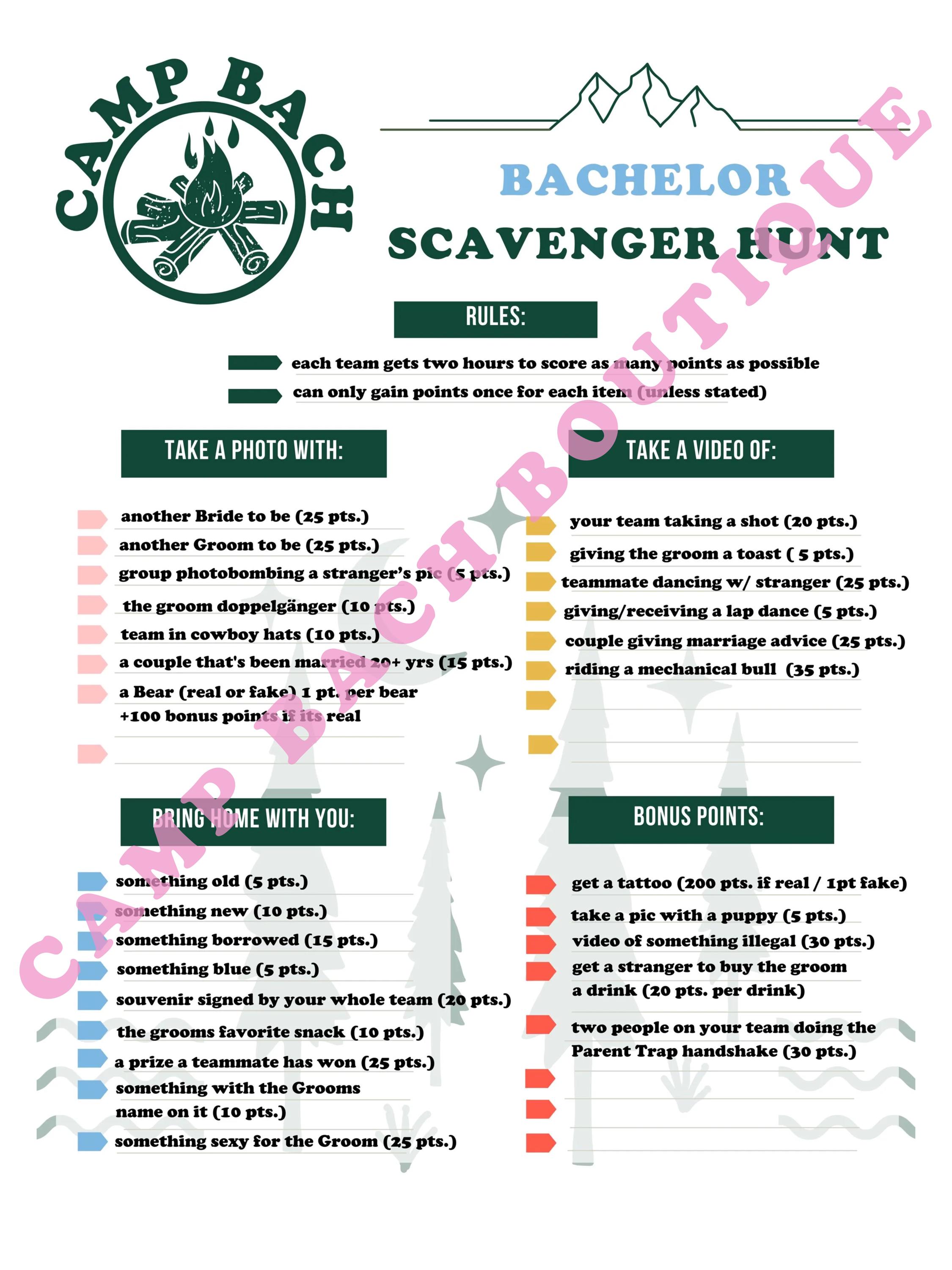 Camp Bach Scavenger Hunt, Bachelor Version, Camp-themed Grooms Party ...
