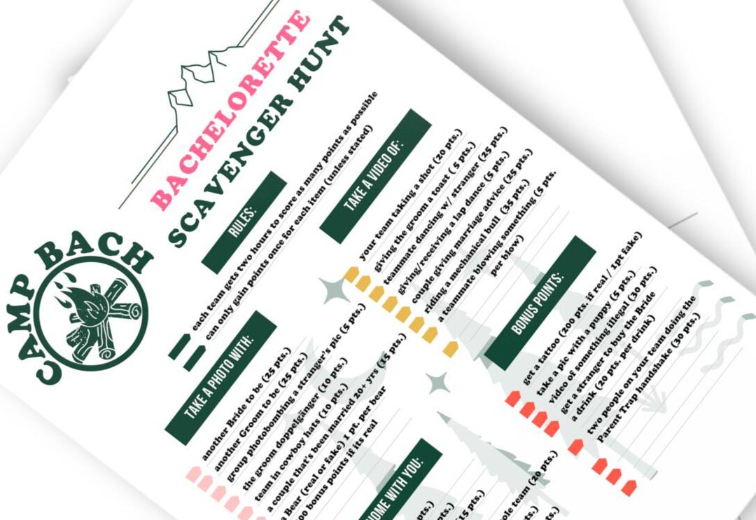 Camp Bach Scavenger Hunt, Bachelorette Version, Camp-themed Bridal ...