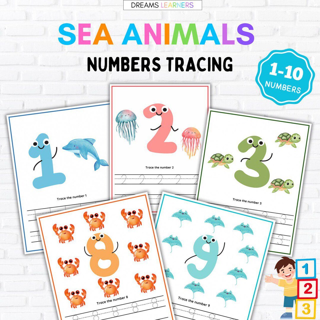 Sea Animals Number Tracing Worksheets, Traceable Numbers, Preschool ...