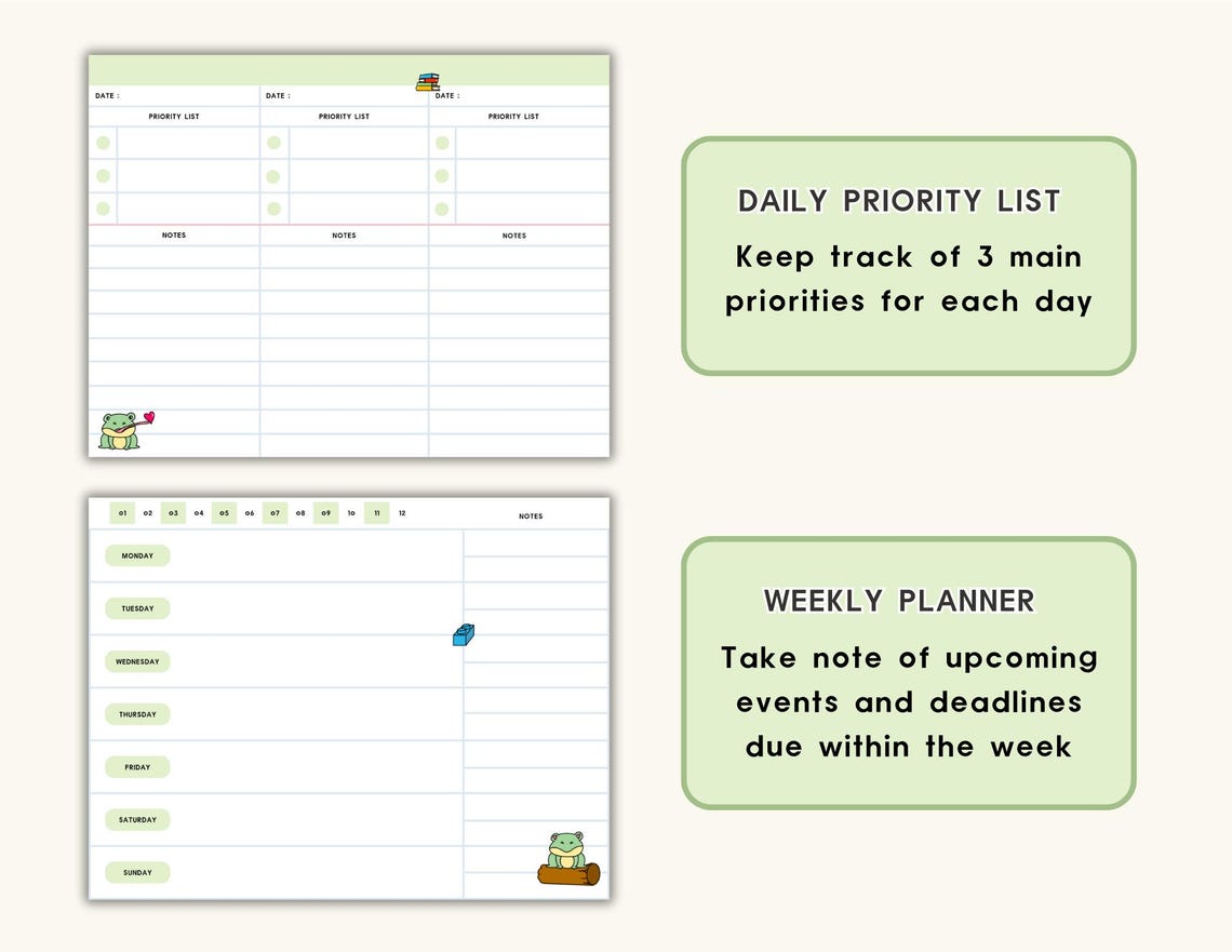 Cute Frog-themed Daily Digital Planner | Monthly, Weekly, and Daily ...