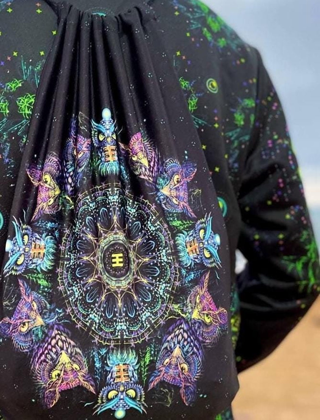 BACKPACK Owls Glow UV Fluorescent Print Party Outfit Festival Accessory ...