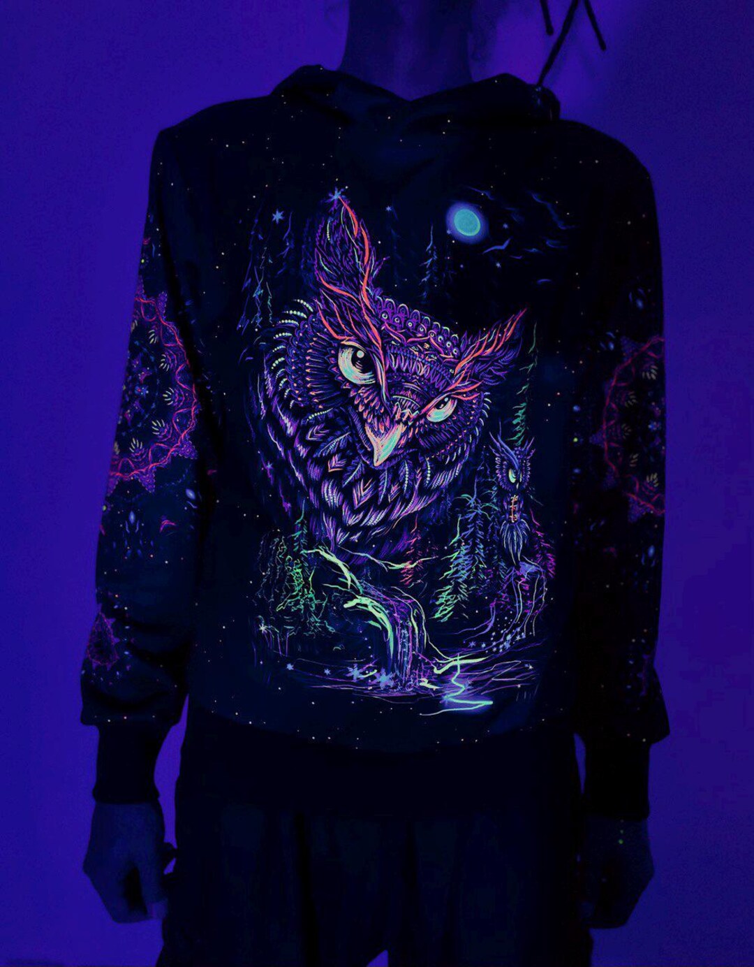 Rave Outfit UV Hoodie owls Blacklight Print Fluorescent Wear Festival ...