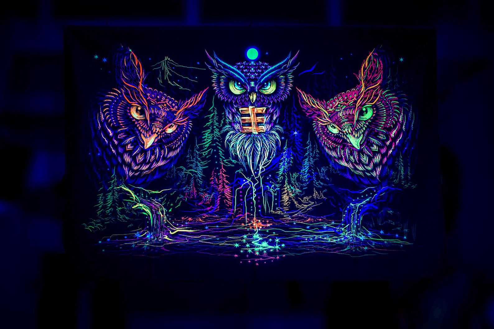 Mystical Art "owls" Forest Art UV Reaction Print Trippy Canvas Wall ...