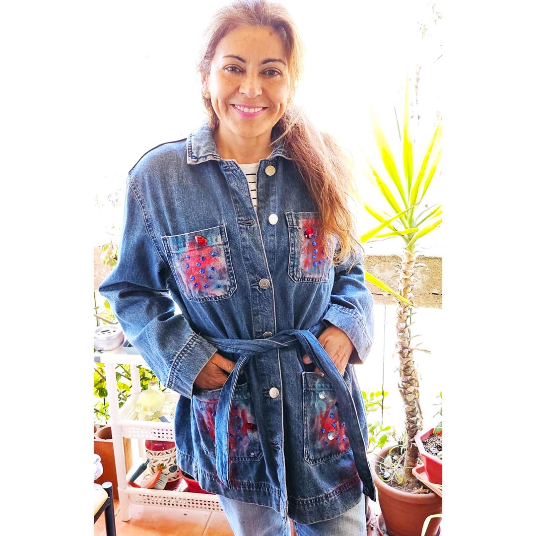 Hand Painted Denim Jacket With Abstract Floral Motifs, in Stock, Unique Piece, in Red and Blue ...