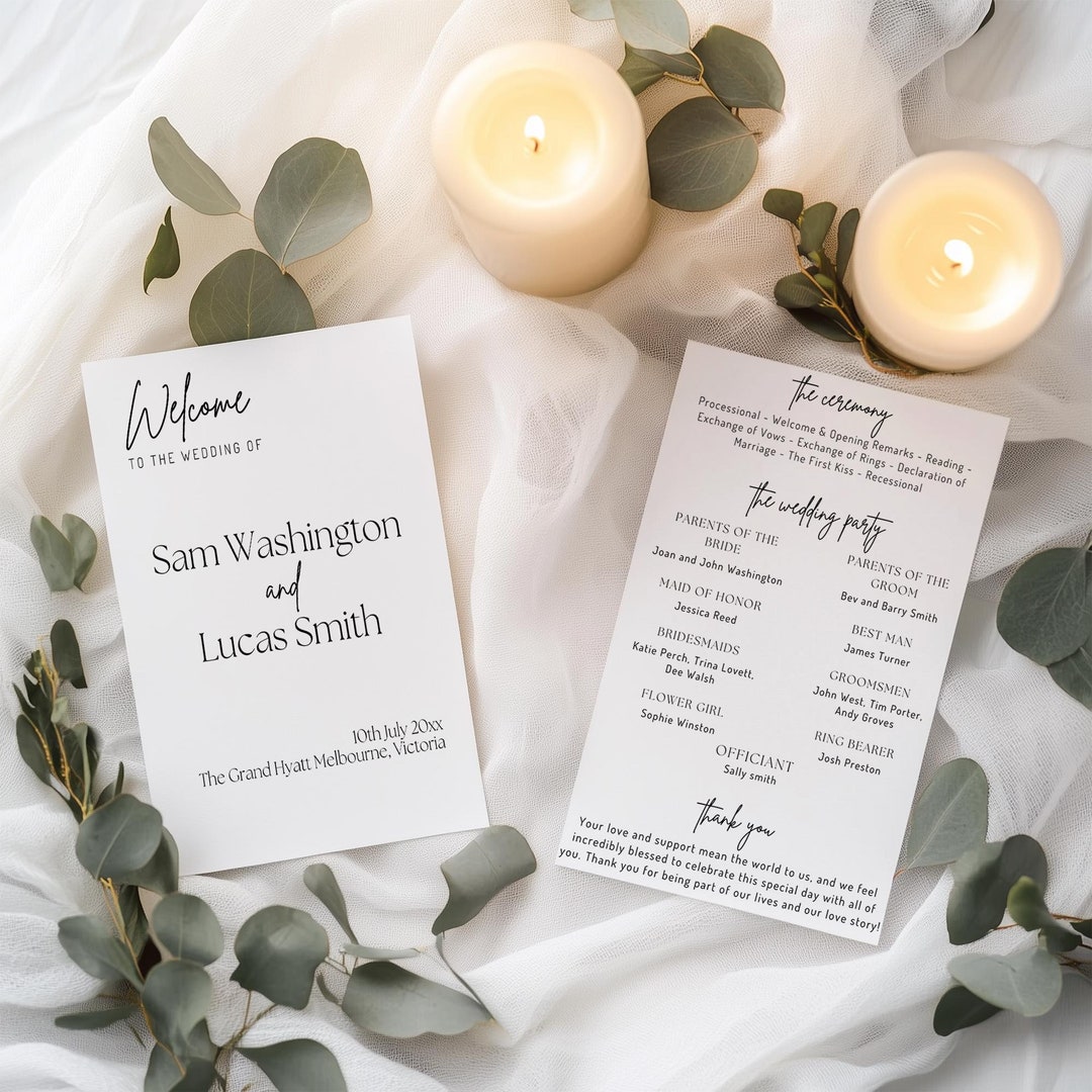 Minimalist Wedding Program Template, Double Sided Wedding Program ...