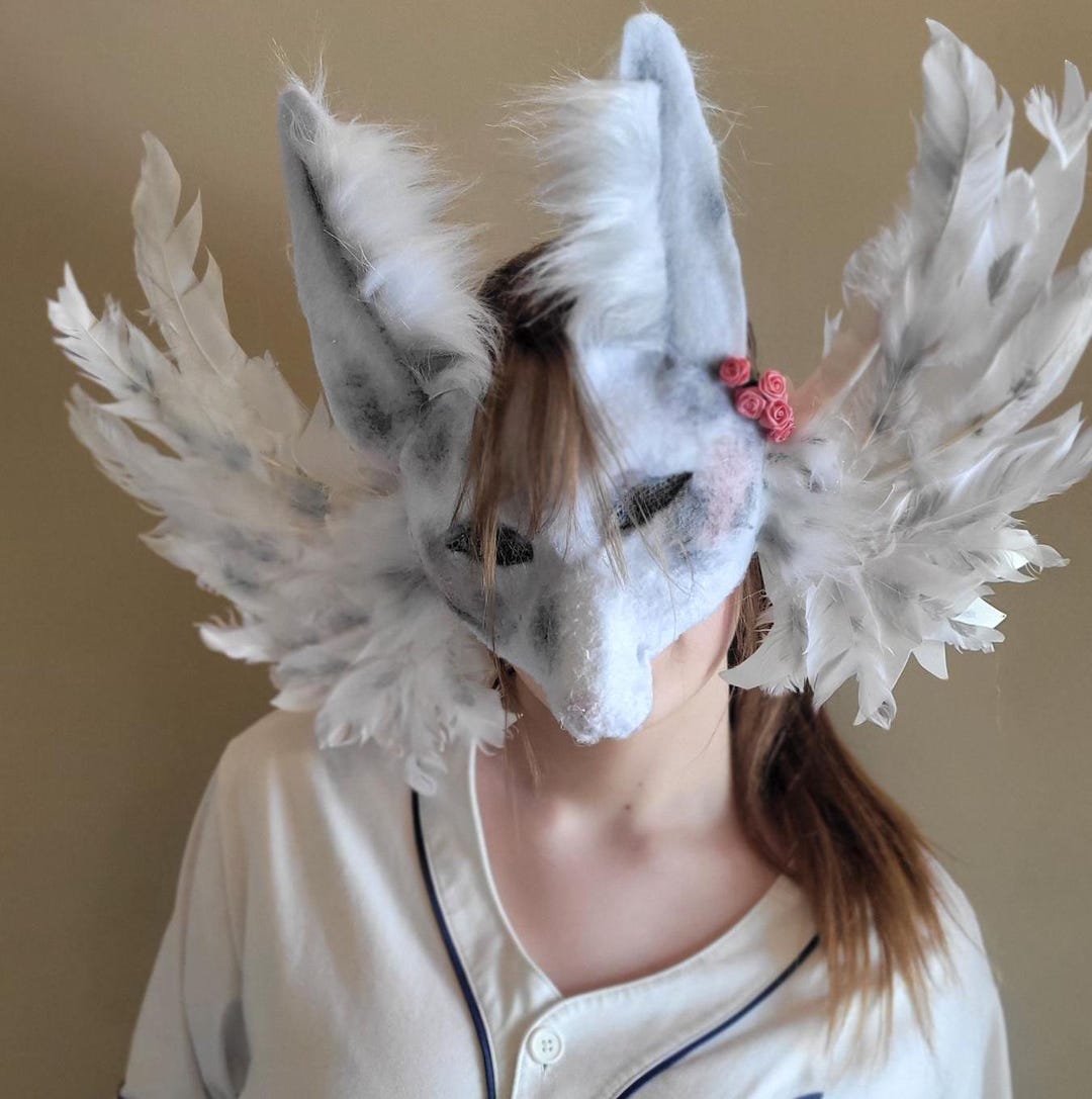 White Fennec Fox Therian Mask, Feathered Wings, Flower Accessories. - Etsy