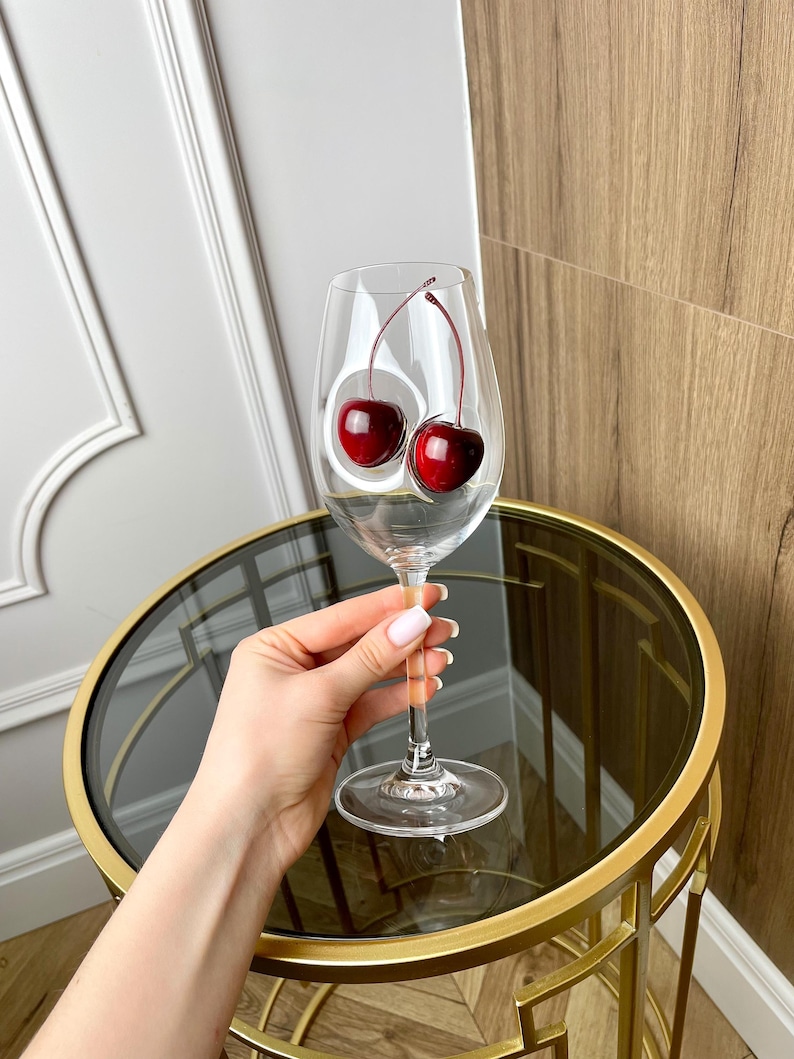 Embedded Cherry Wine Glasses Set, Red Fruit Glass Art Drinkware, Luxury ...