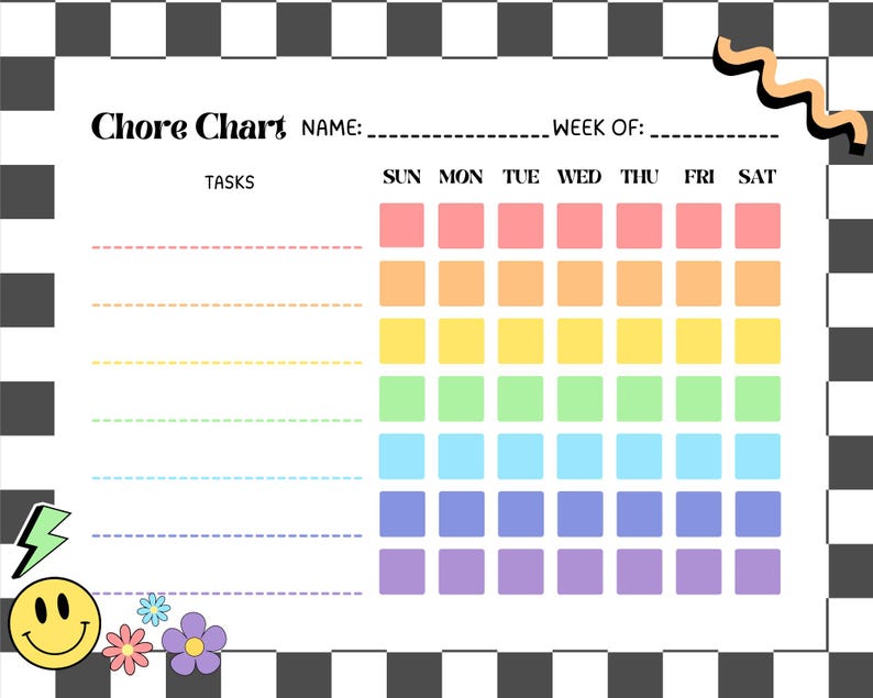 Groovy Checkered Chore Chart Printable - Kid's Printable Chore Chart ...