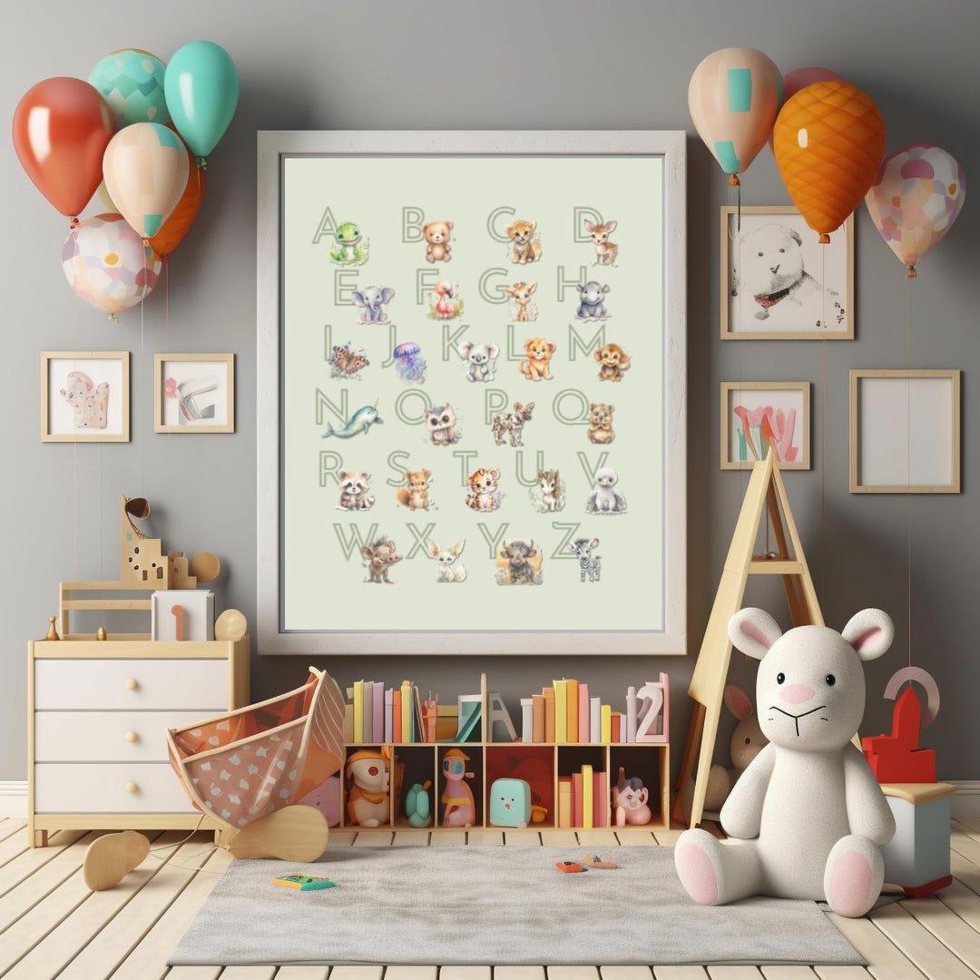 Animal Alphabet Printable Wall Art in Green Hollow Letters - Playroom ...