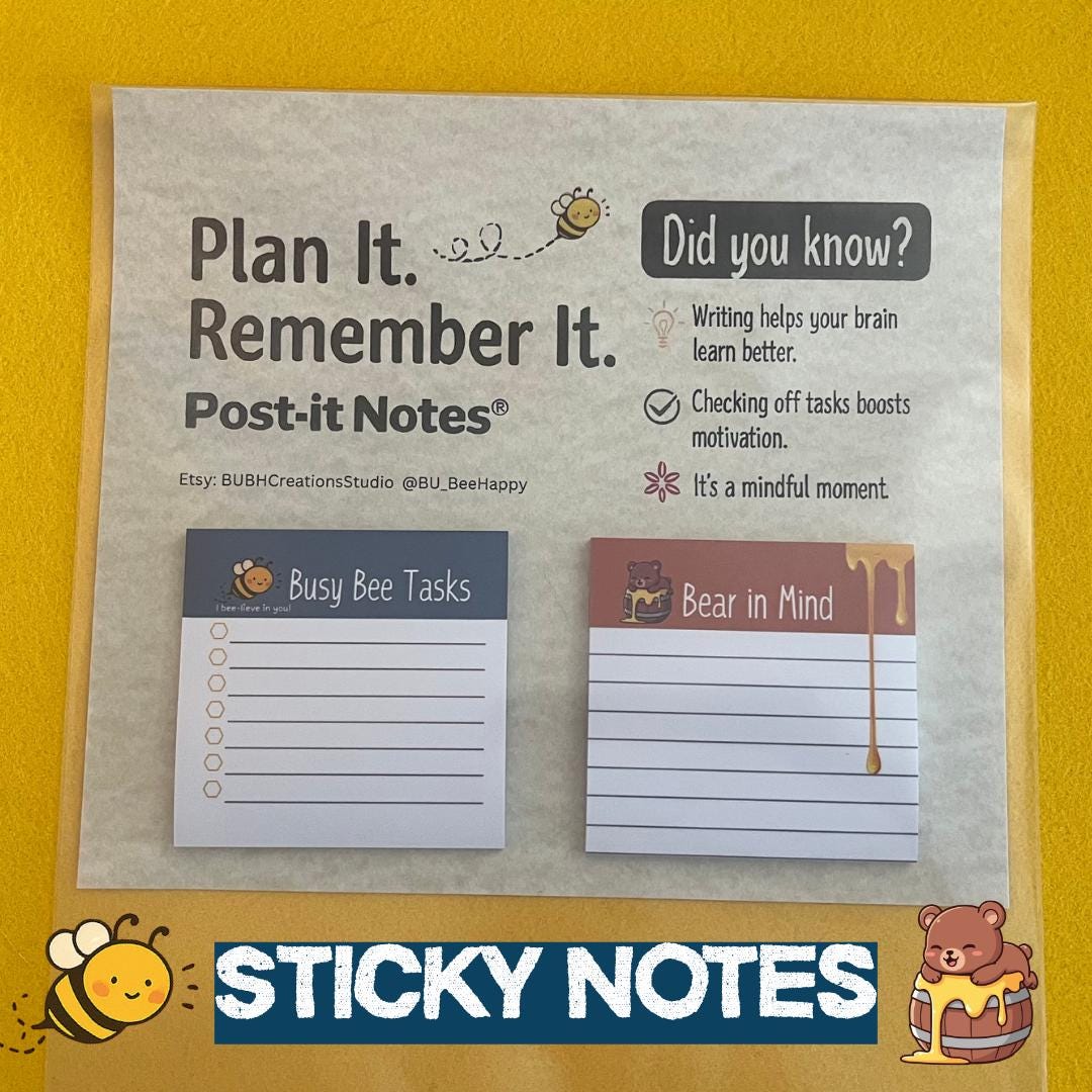Busy Bee and Bear in Mind Sticky Notes Set | Productivity Stationery 3 ...
