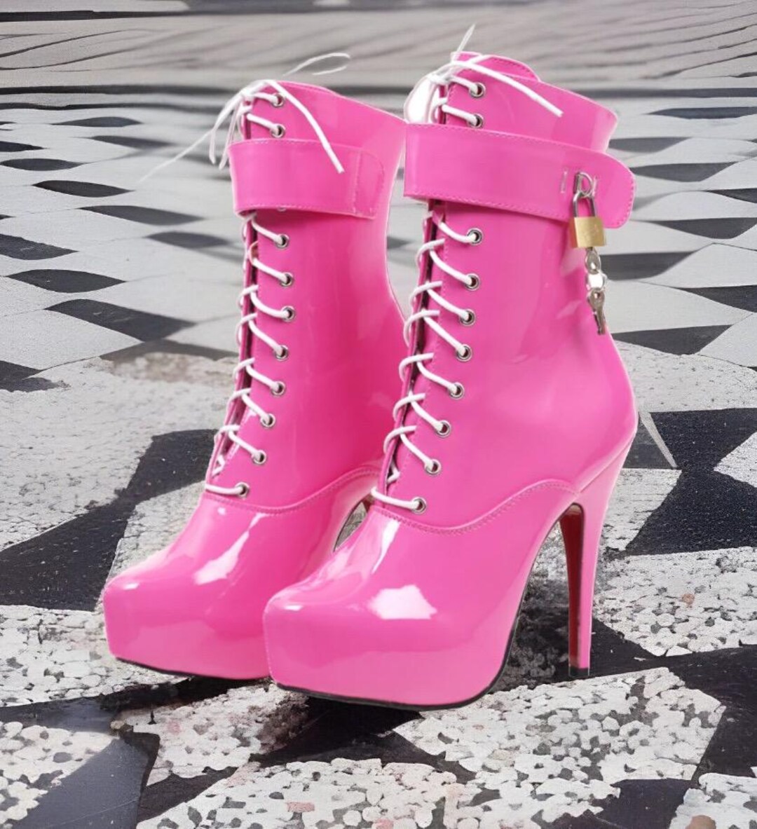 Woman Delicate Pink Girly Heels 15cm 4cm Platform Boots Stiletto Zip ...