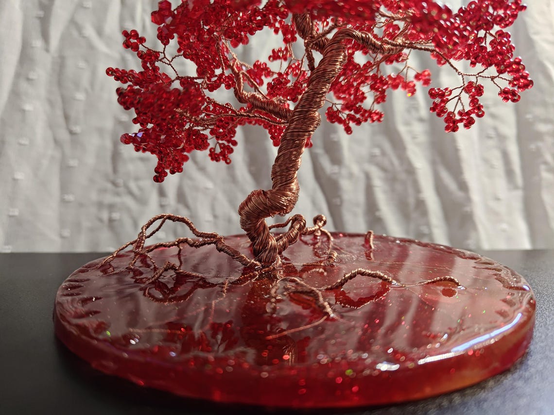 Crimson Red Wire and Bead Tree of Life - Bonsai Tree With Red Resin ...