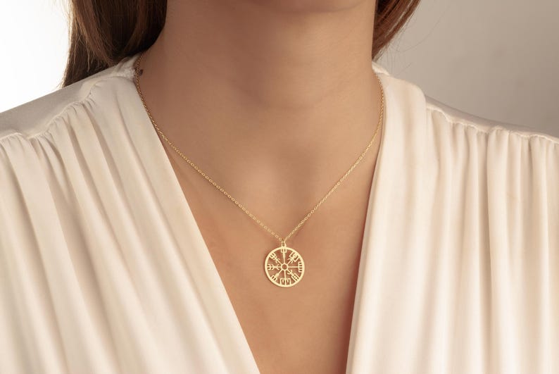 14K Gold Vegvisir Compass Necklace, Viking Compass, Norse Rune ...