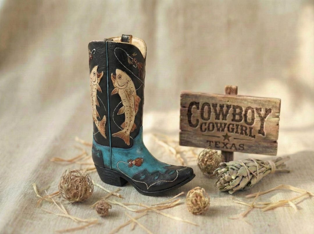 Western Fishing Bass Cowboy Cowgirl Boot Vase Planter Angler Decor ...
