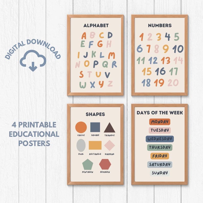 Set of 4 Posters: Alphabet, Numbers, Shapes & Days of the Week ...