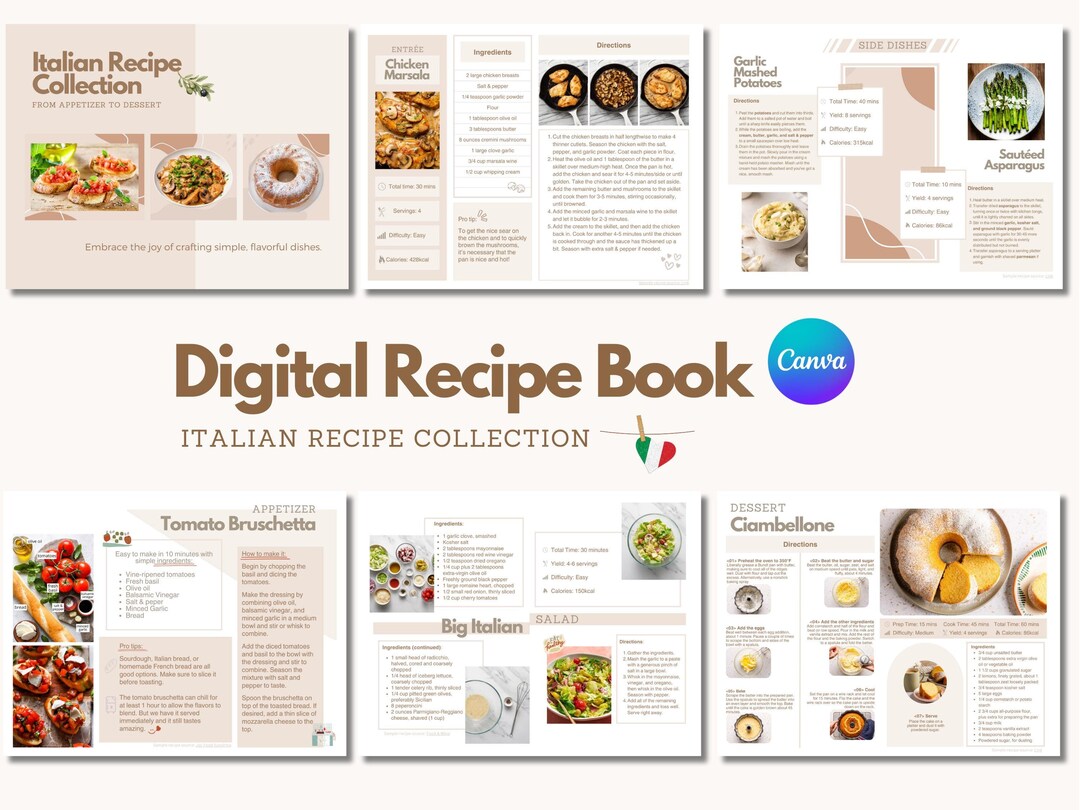 Italian Recipe Book Template: Customizable Meal Planner (canva, Digital ...