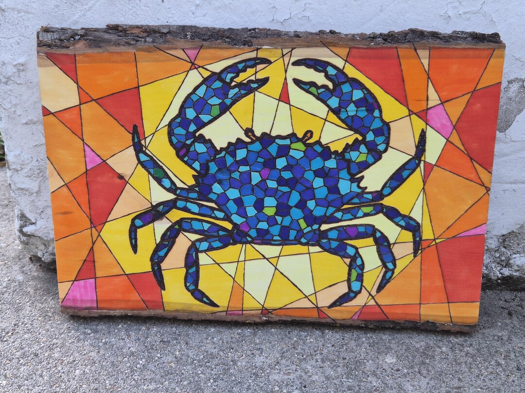 Wood-burned Geometric Crab Wall Art: Watercolor Painting - Etsy