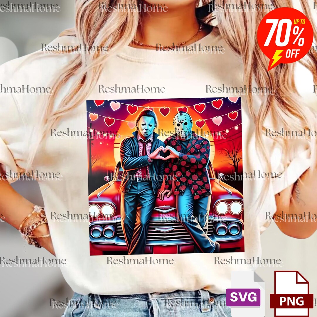Horror Characters Valentine PNG Svg, Pink Heart Scary Movie Clipart ...