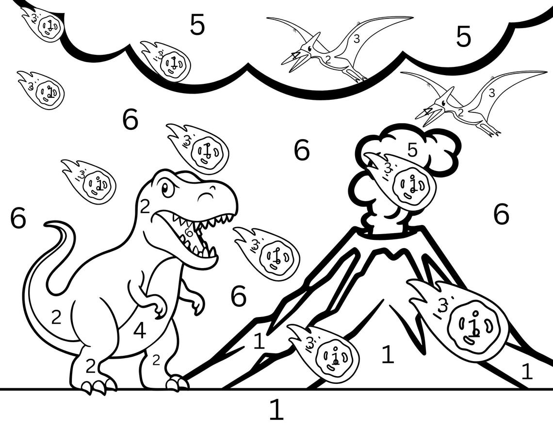 Dinosaur Color by Number Coloring Page for Kids | Volcano & Meteors ...