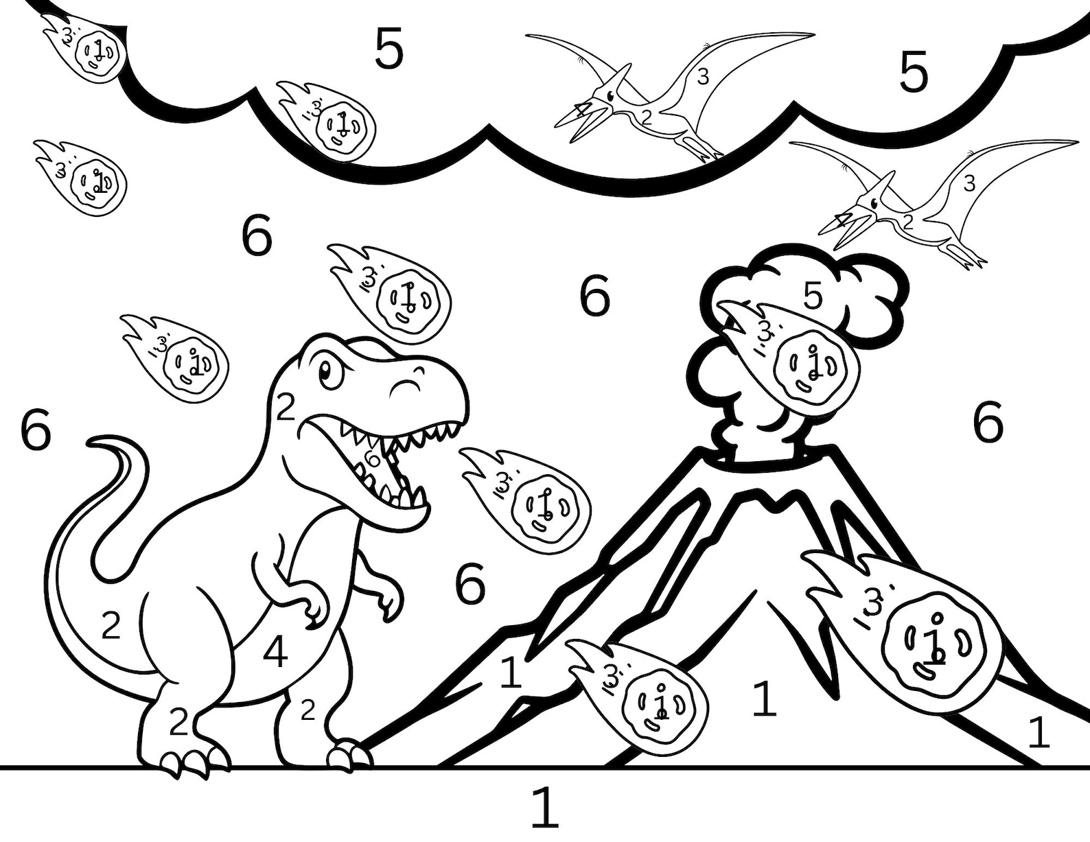 Dinosaur Color by Number Coloring Page for Kids | Volcano & Meteors ...