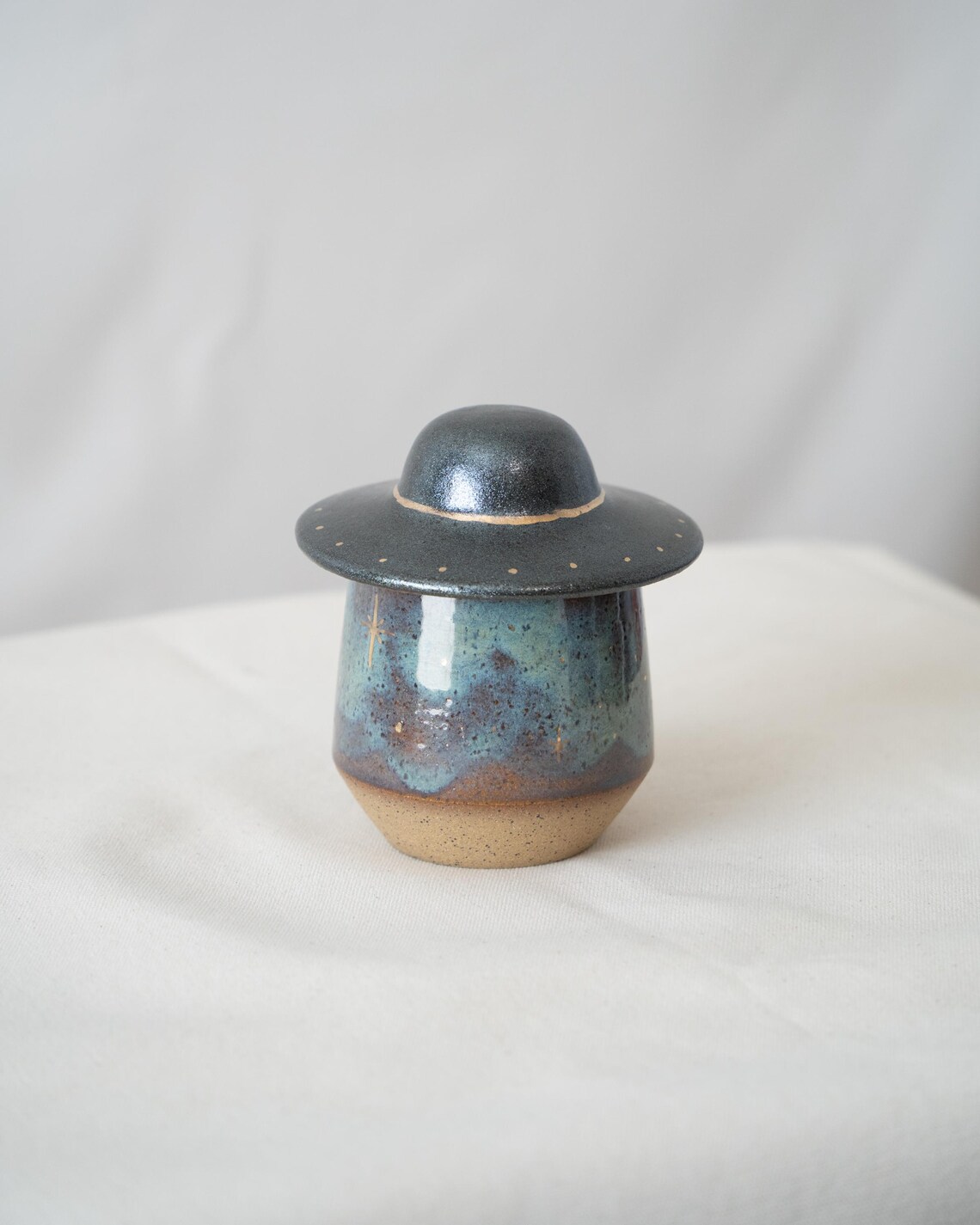 Handmade Ceramic UFO Butter Dish: Hand Painted Gold Stars, Surprise Cow ...