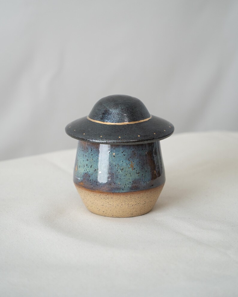 Handmade Ceramic UFO Butter Dish: Hand Painted Gold Stars, Surprise Cow ...