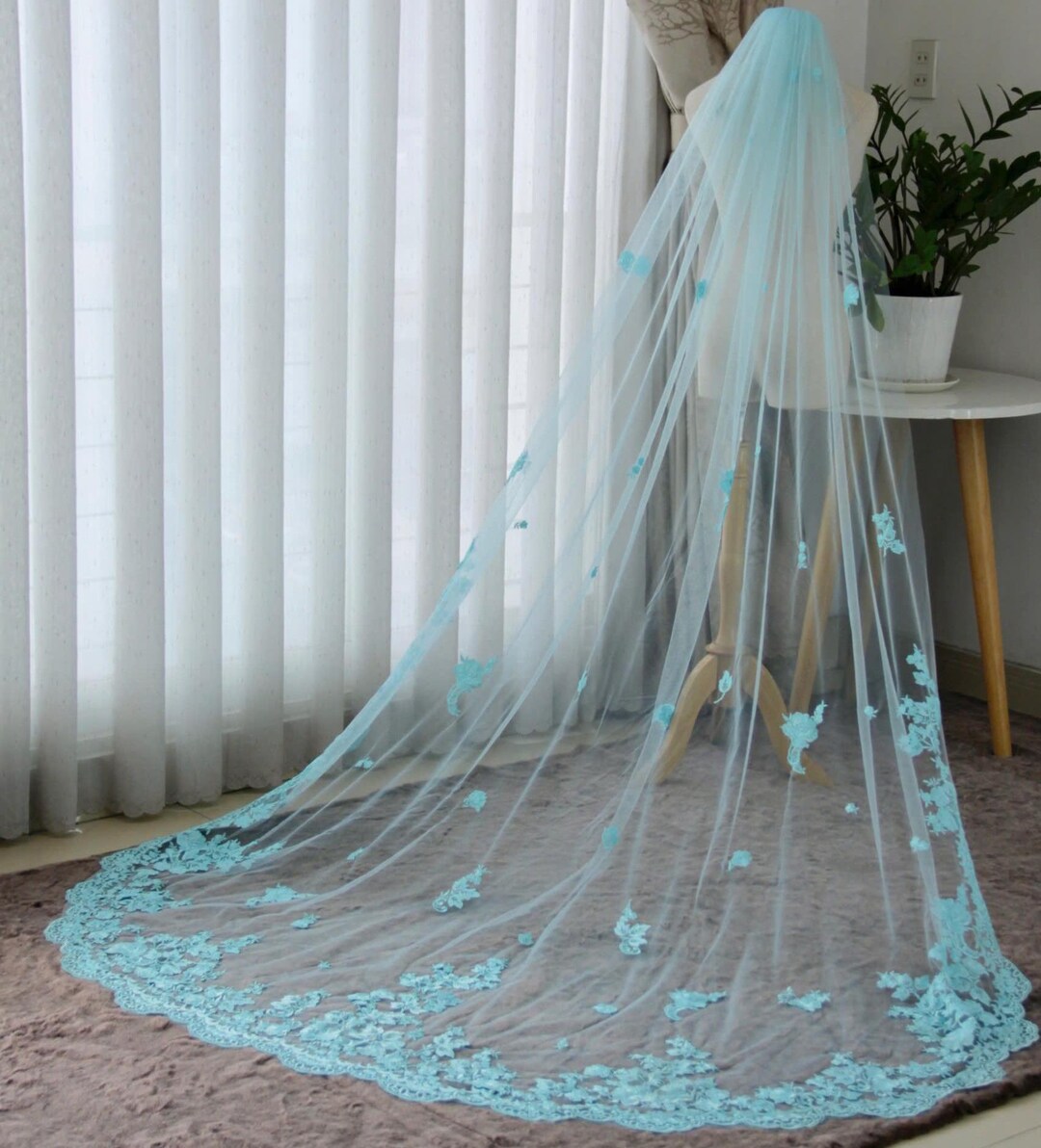 Ocean Blue Bridal Veil|dream Blue Floral Lace Bridal Veil|custom 1 Tier ...