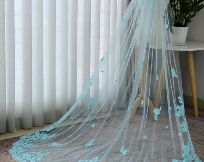 Ocean Blue Bridal Veil|dream Blue Floral Lace Bridal Veil|custom 1 Tier ...