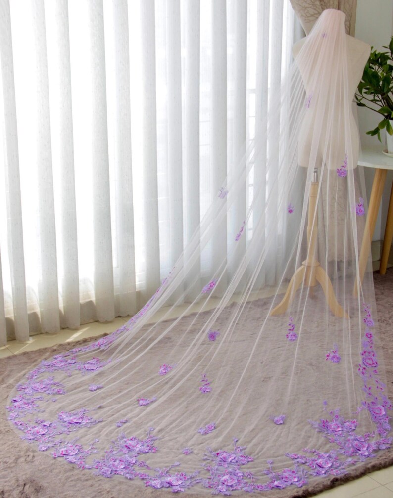 Dreamy Purple Floral Lace Bridal Veil: Vintage Tulle, Custom Length - Etsy