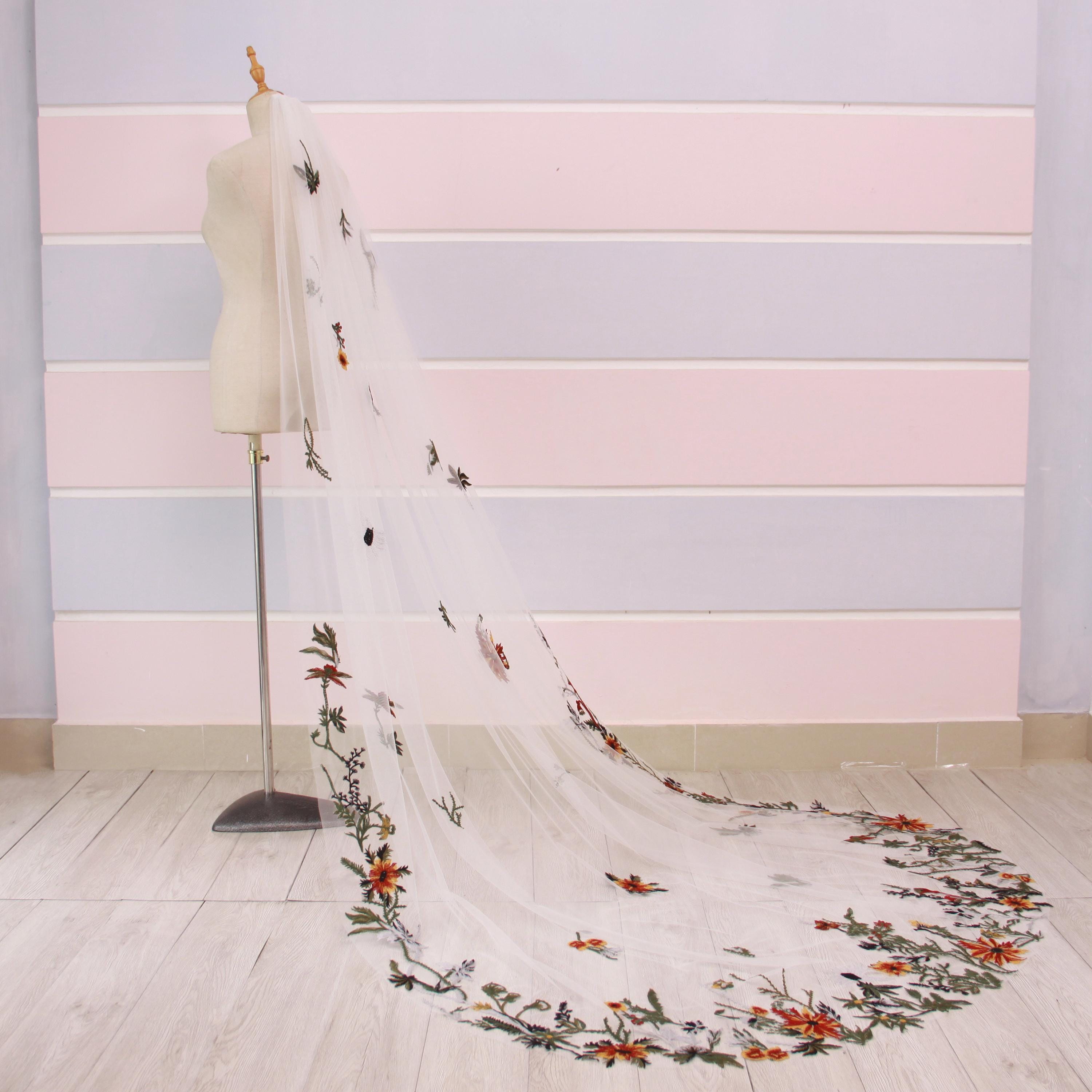 V3, Autumn Wedding Veil | Wildflower Cathedral Veil With Fall Floral ...