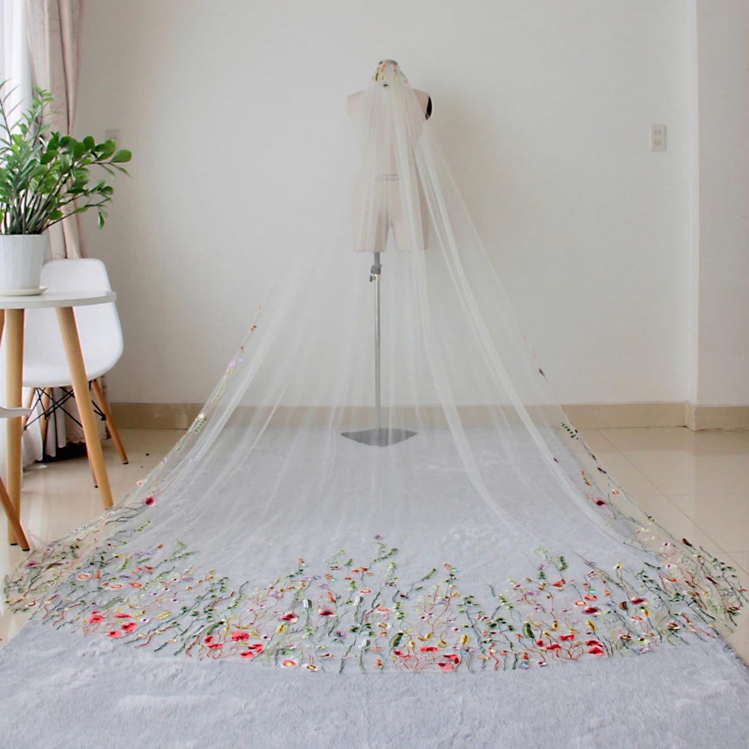V1, Wildflower Wedding Veil Long Cathedral – Colorful Floral ...